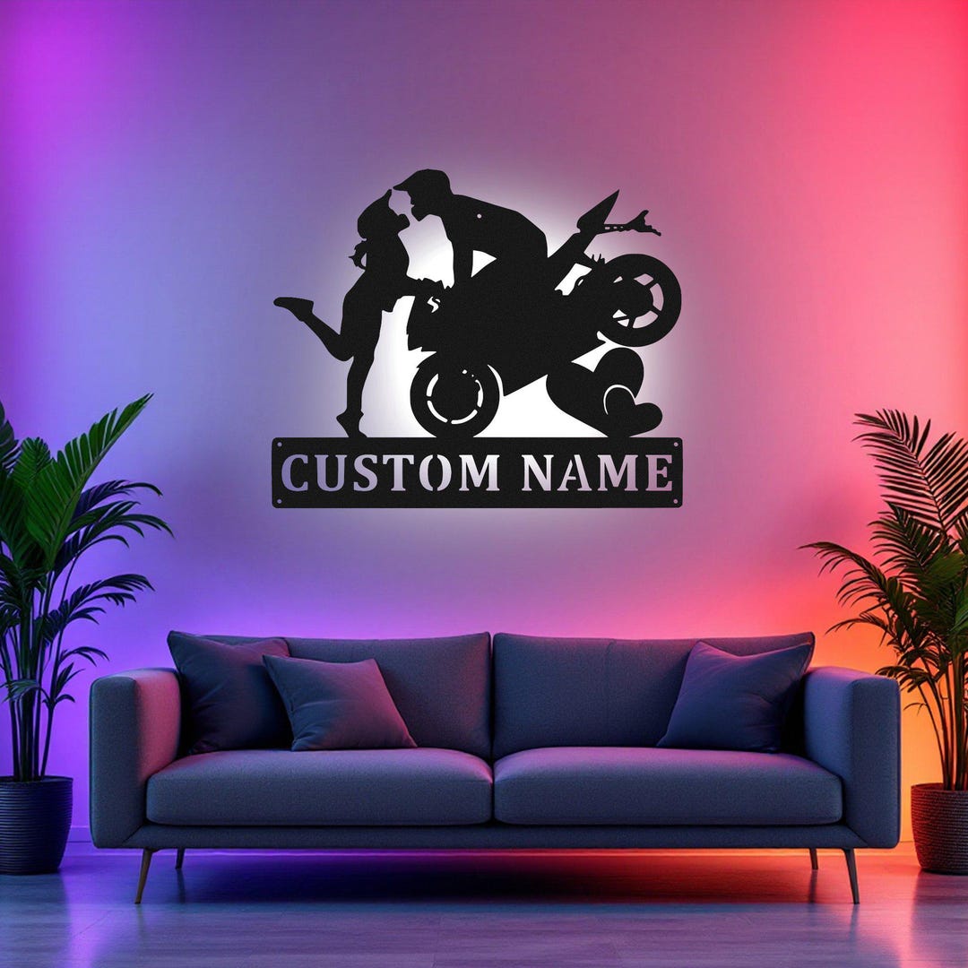 Custom Couple Motorcycle Metal Wall Art With LED Light, Personalized ...