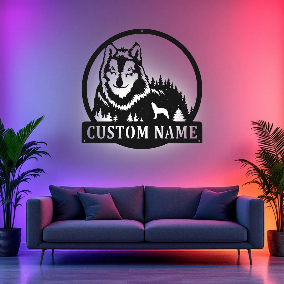 Custom Wolf Howling Metal Sign With LED Light, Personalized Wolf Name ...
