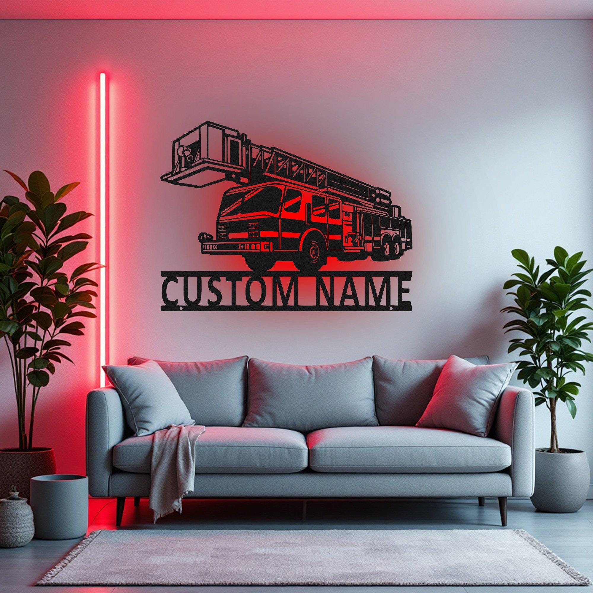 Custom Fire Truck Metal Wall Art With LED Light, Personalized Fire ...