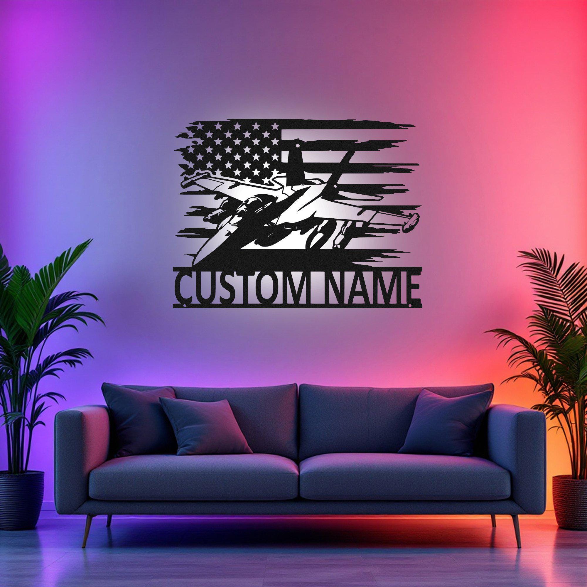 Custom US Fighter Jet Metal Wall Art With LED Light,personalized ...