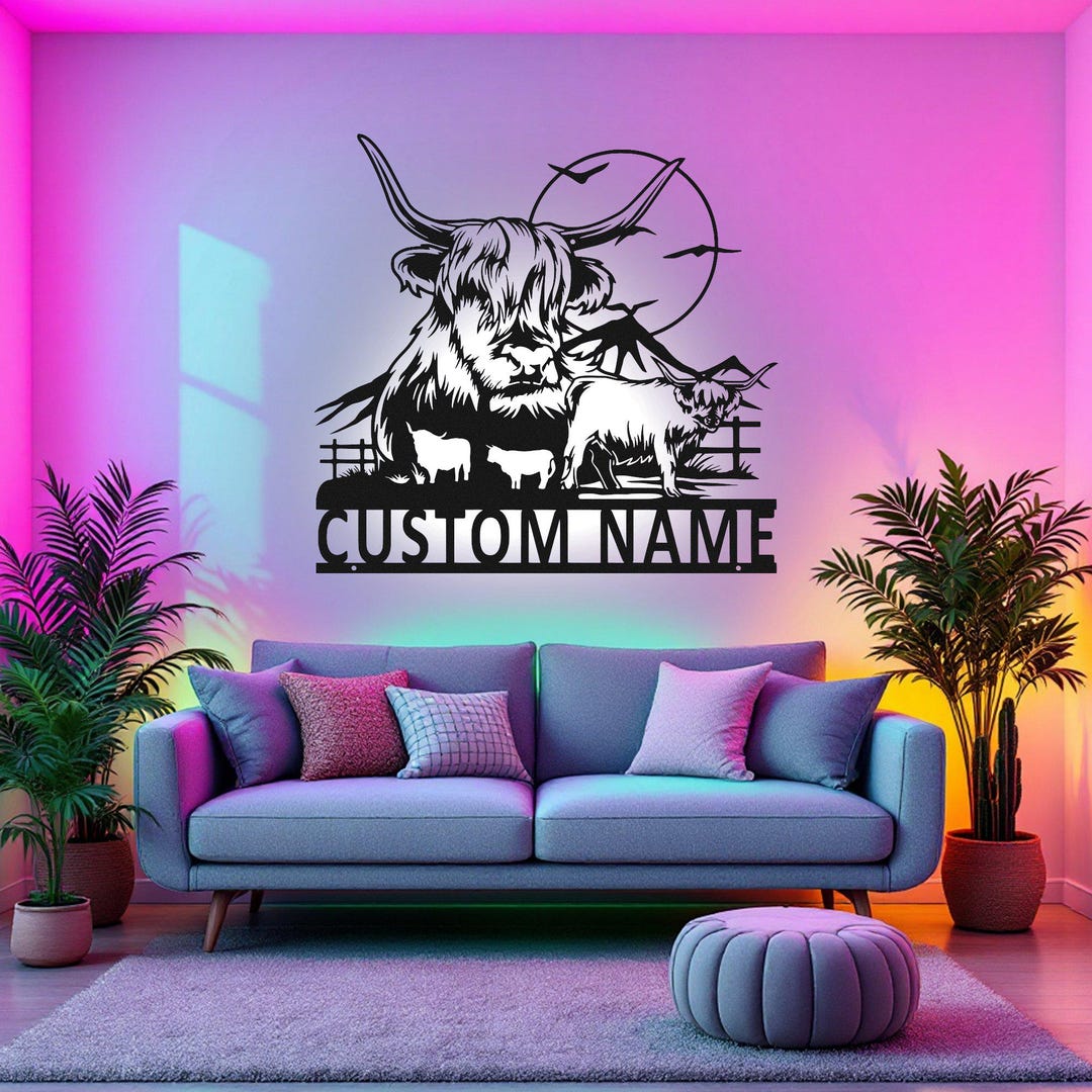 Custom Highland Cow Metal Wall Art With LED Light, Personalized ...