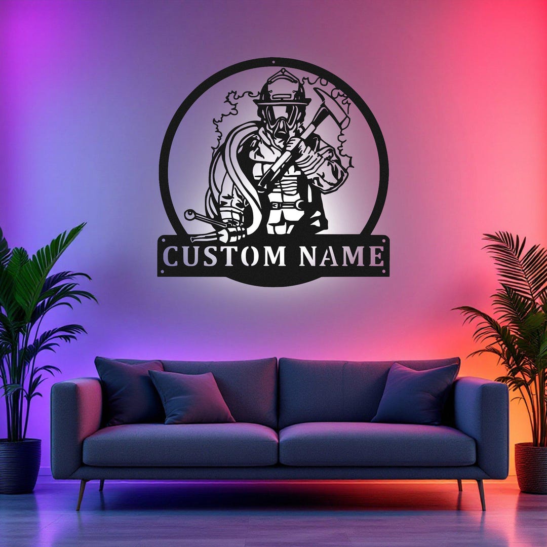 Custom Fireman Metal Wall Art With LED Light, Personalized Fireman Name ...