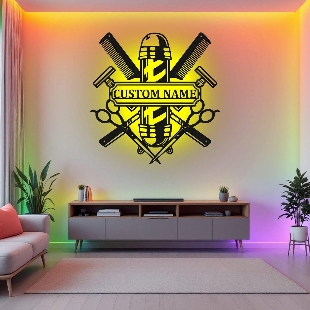 Custom Barber Shop Metal Wall Art With LED Light, Personalized Barber ...
