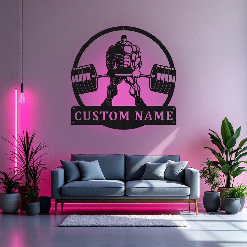Custom Powerlifting Man Metal Wall Art With LED Light, Personalized ...
