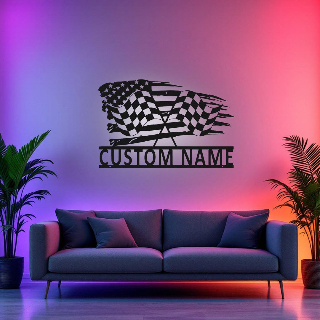 Custom US Checkered Flag Metal Wall Art With LED Light, Personalized ...