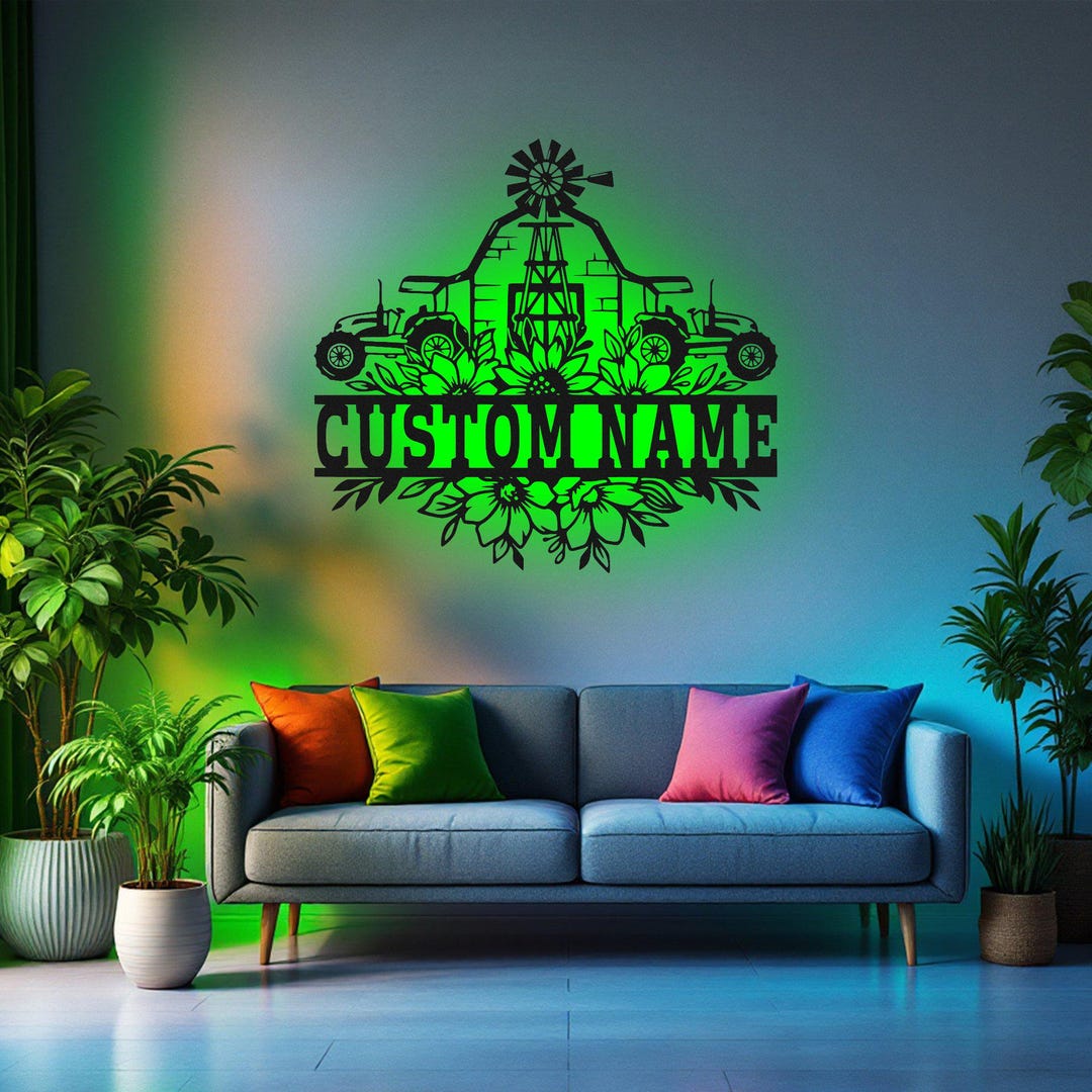 Custom Farming Floral Frame Metal Wall Art With LED Light, Personalized ...