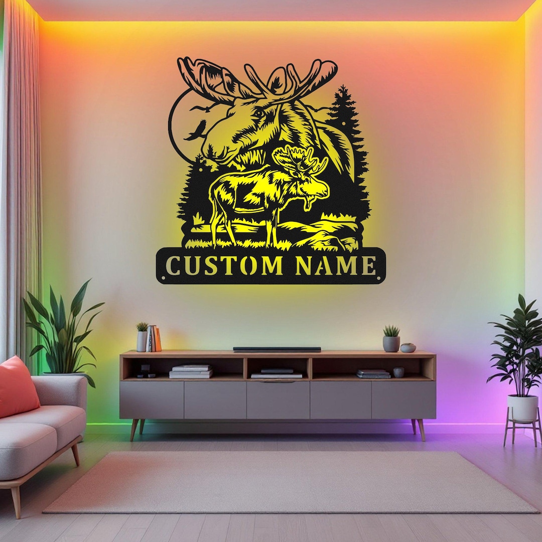 Custom Moose Metal Wall Art With LED Light, Personalized Moose Hunter ...