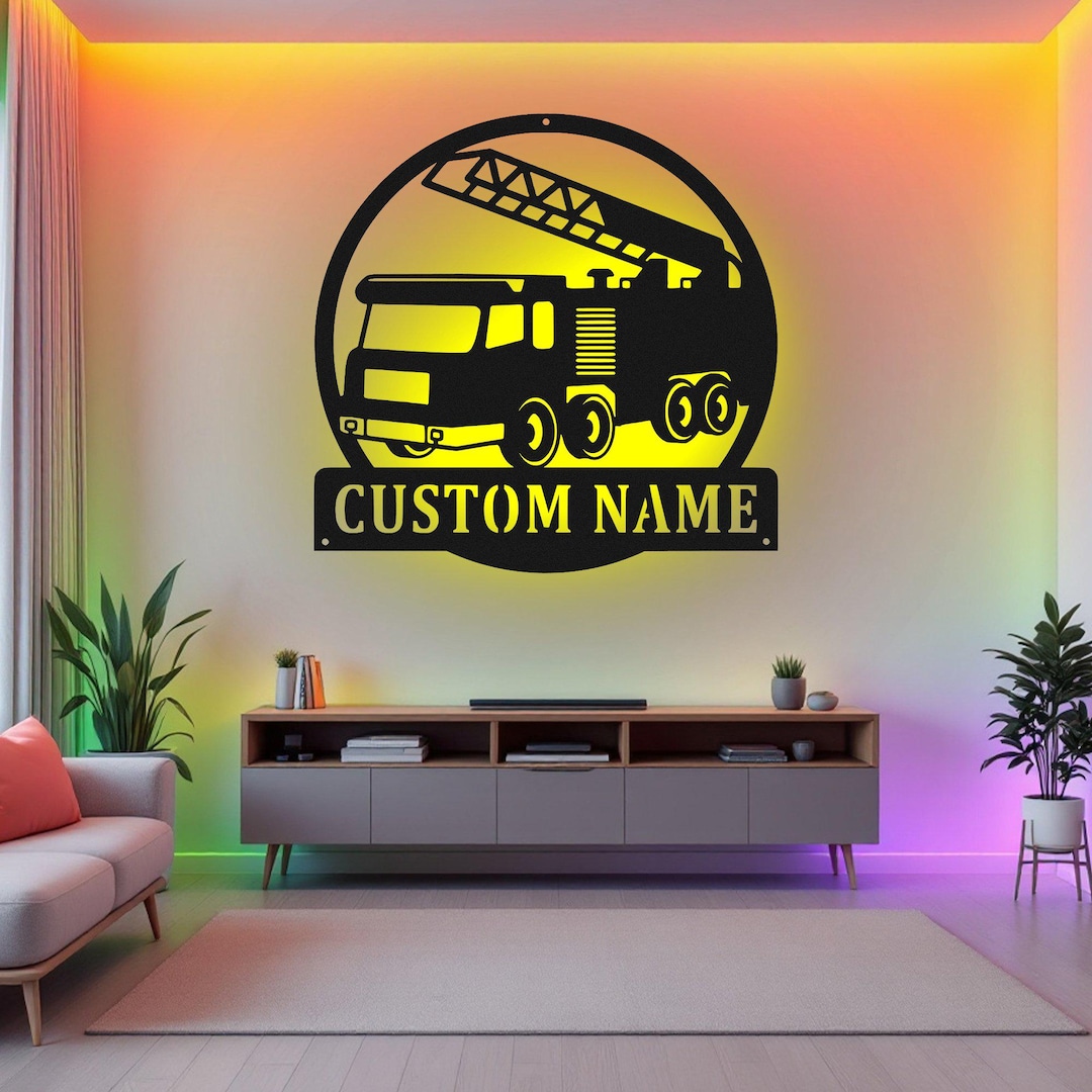 Custom Fire Truck Metal Wall Art With LED Light, Personalized Fire ...