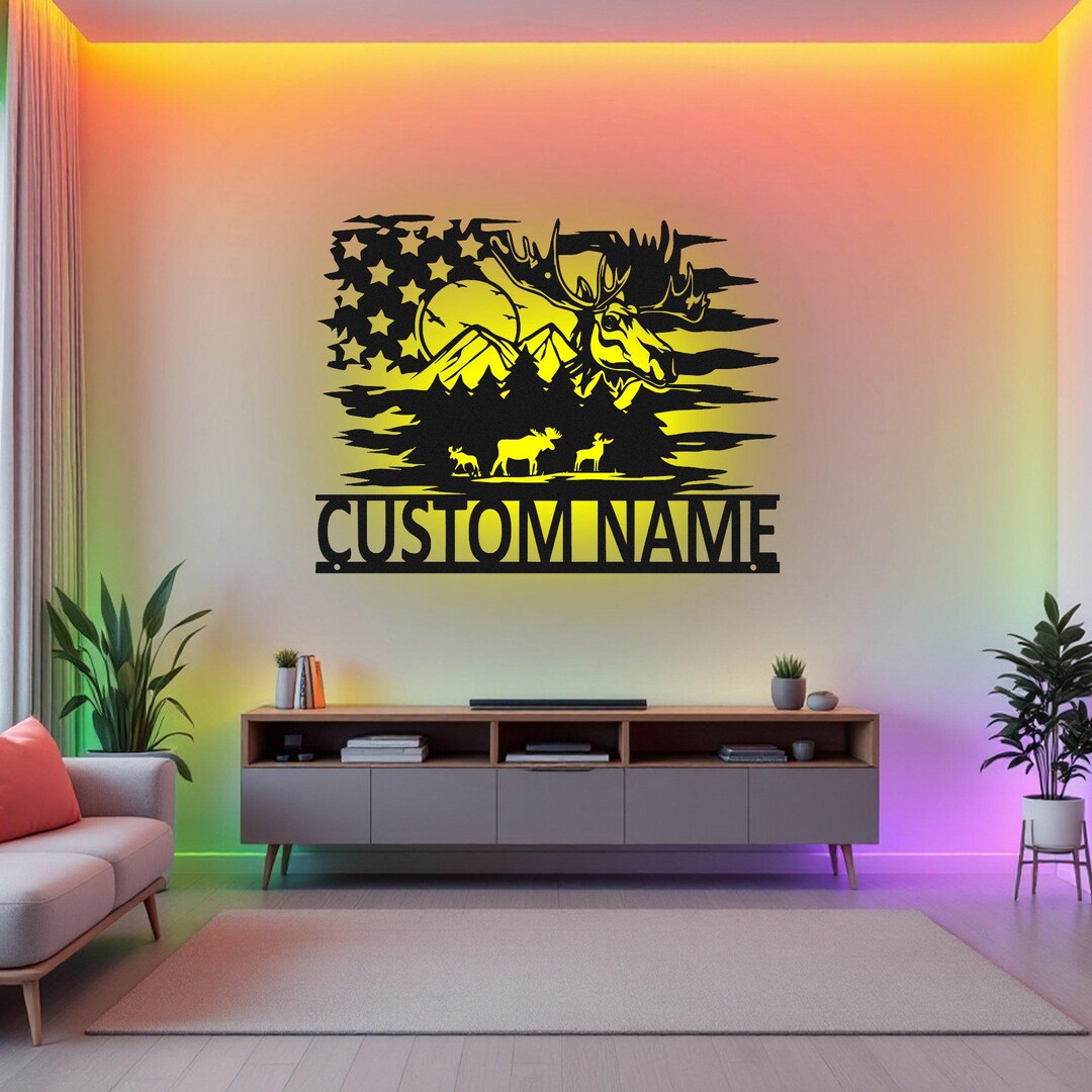 Custom US Moose Metal Wall Art With LED Light, Personalized Moose Name ...