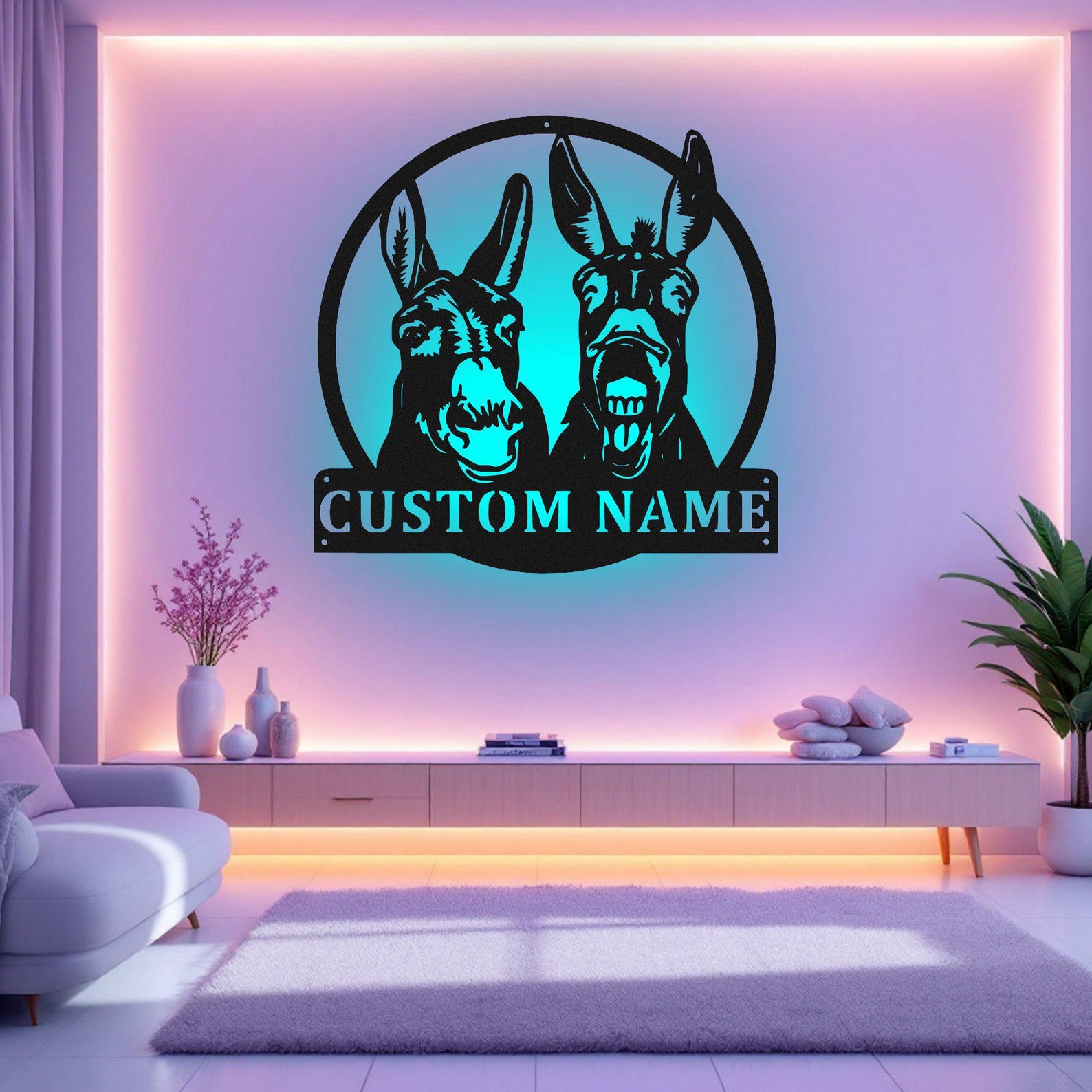 Custom Two Donkey Metal Wall Art With LED Light, Personalized Donkey ...