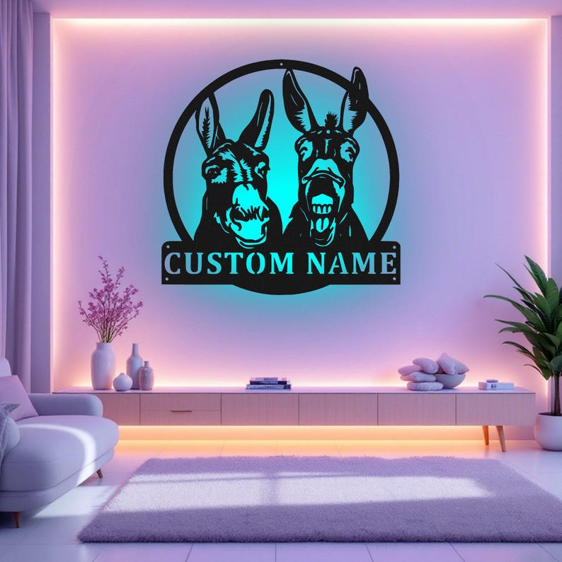 Custom Two Donkey Metal Wall Art With LED Light, Personalized Donkey ...