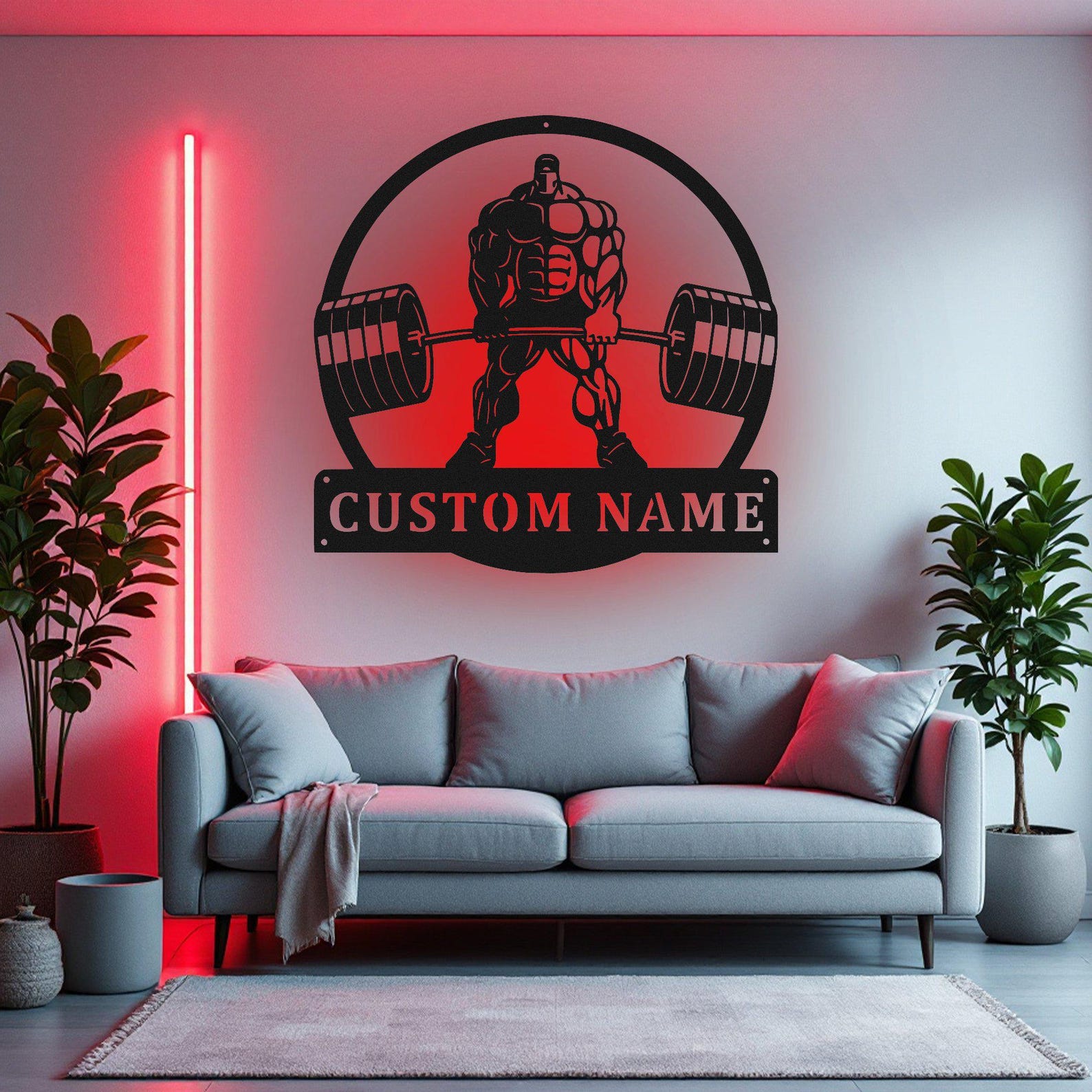 Custom Powerlifting Man Metal Wall Art With LED Light, Personalized ...