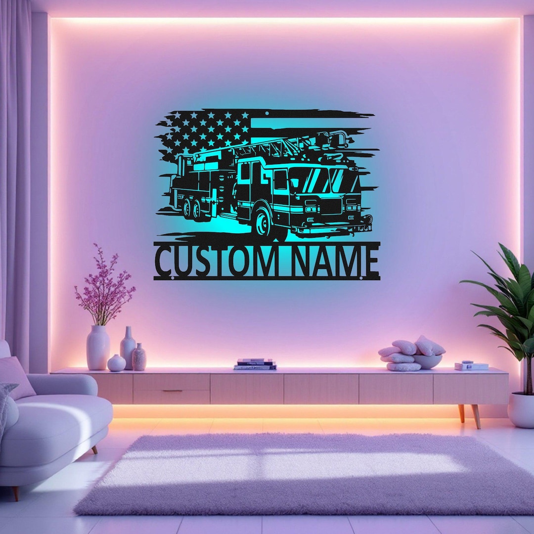 Custom US Fire Truck Metal Wall Art With LED Light, Personalized Fire ...