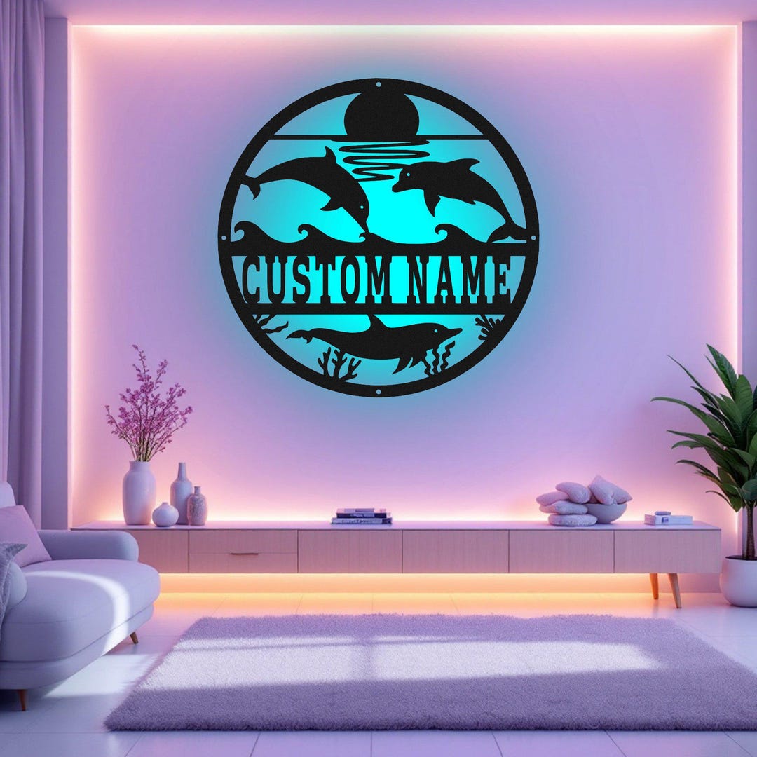 Custom Dolphin Metal Wall Art With LED Light, Personalized Dolphin Name ...
