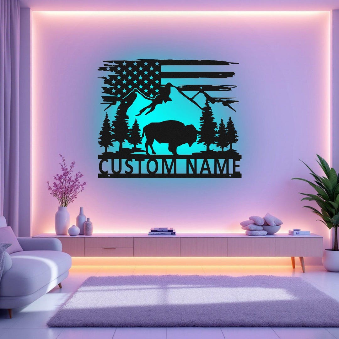 Custom US Bison Metal Wall Art With LED Light, Personalized Bison Name ...