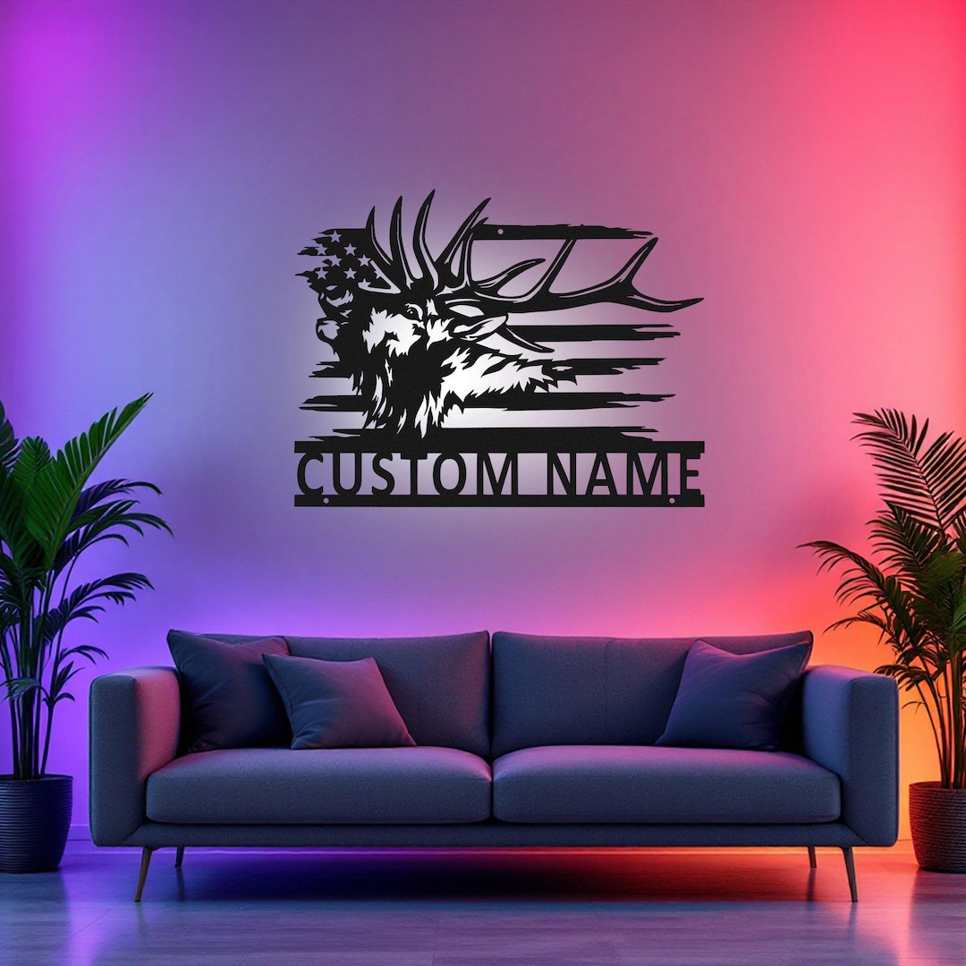 Custom US Elk Metal Wall Art With LED Light, Personalized Elk Deer Name ...
