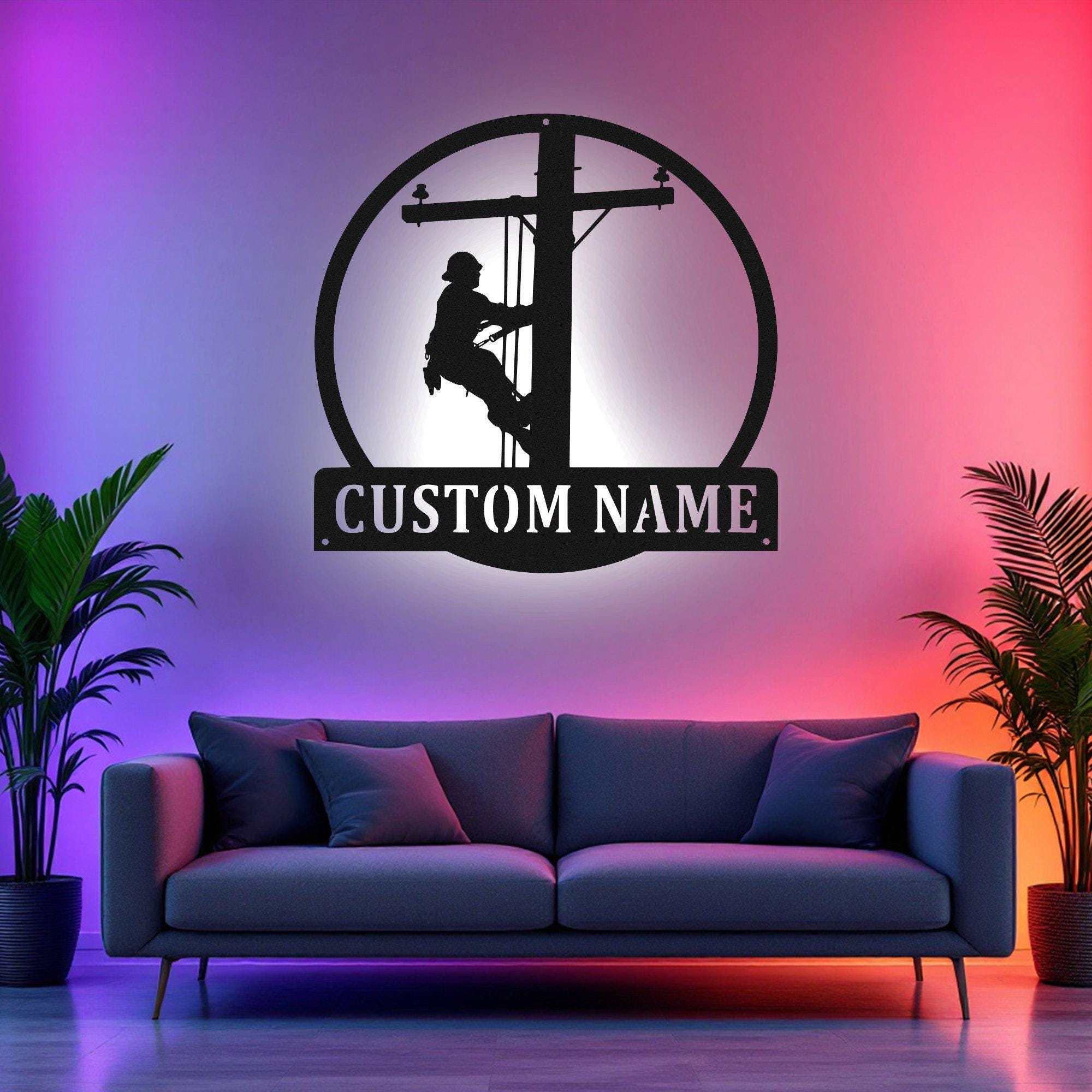 Custom Lineman Metal Wall Art With LED Light, Personalized Lineman Name ...
