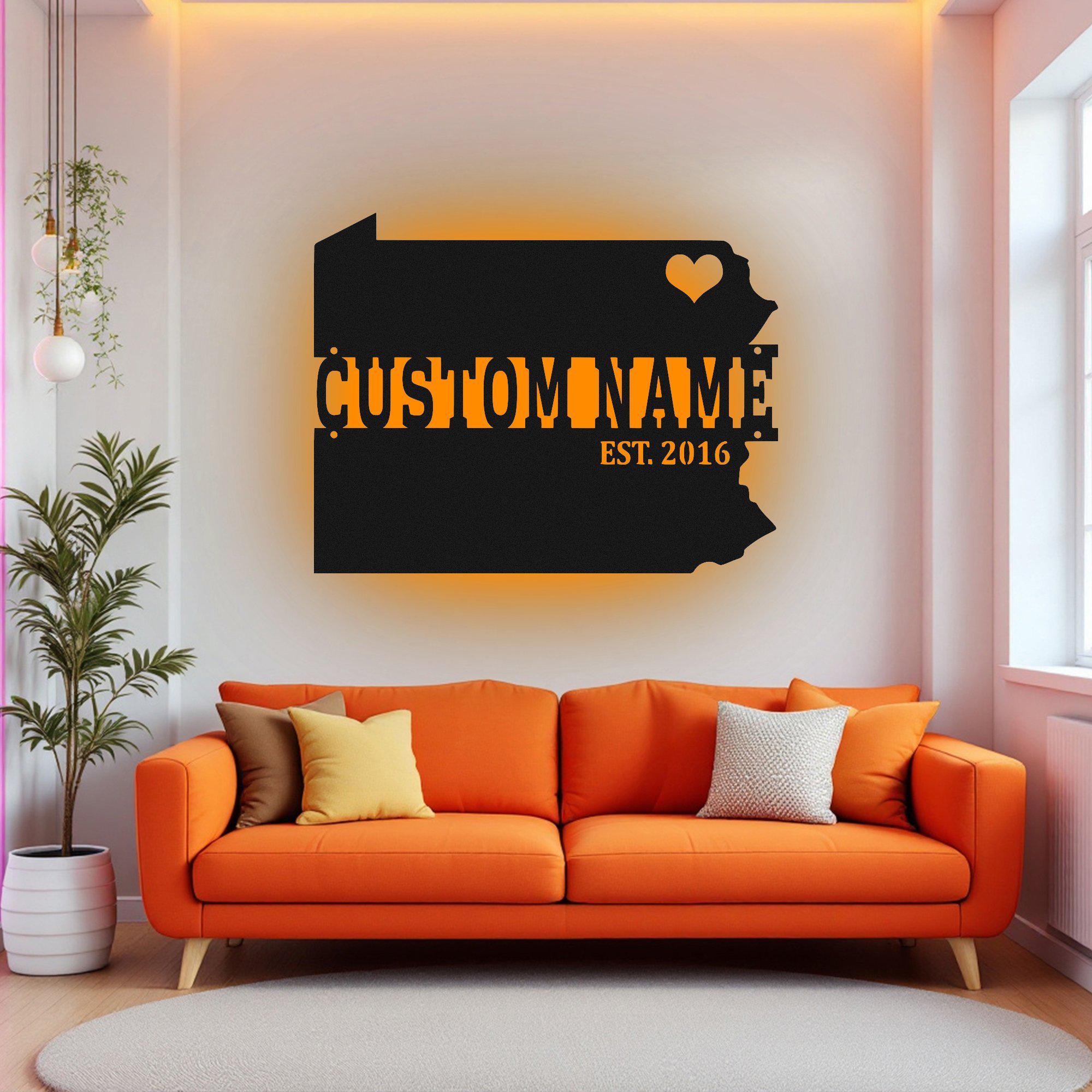 Custom Pennsylvania Map Metal Wall Art With Led Light, Personalized ...