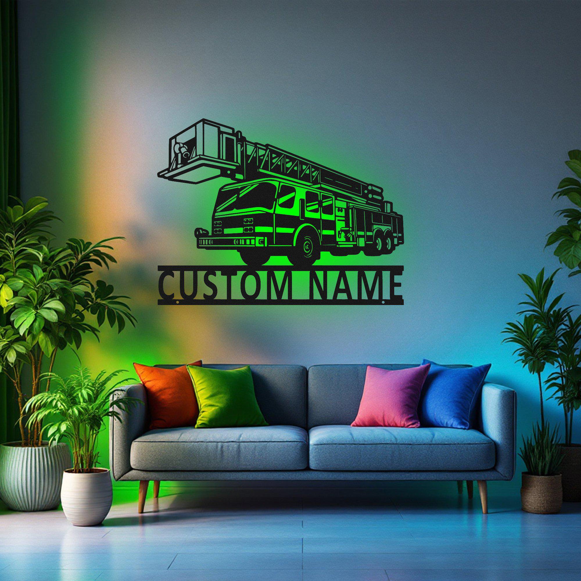 Custom Fire Truck Metal Wall Art With LED Light, Personalized Fire ...