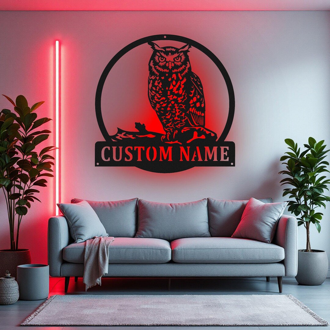Custom Owl Metal Wall Art With LED Light, Personalized Owl Name Sign ...