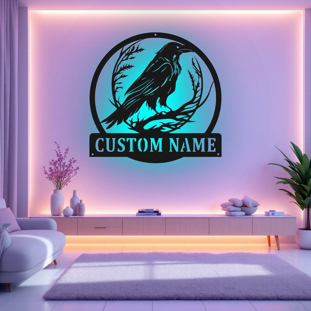 Custom Crow Metal Wall Art With LED Light, Personalized Crow Name Sign ...