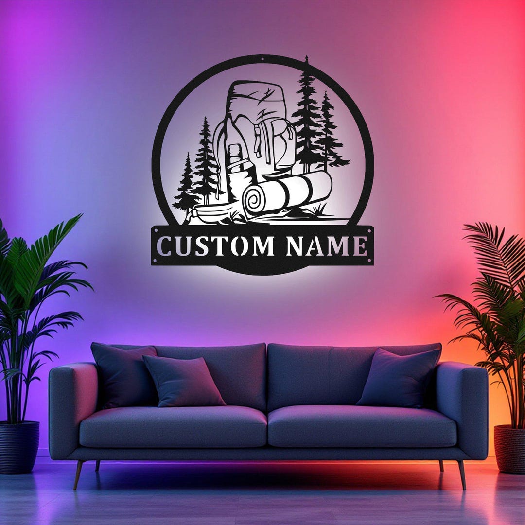 Custom Hiking Backpack Metal Wall Art With LED Light, Personalized ...