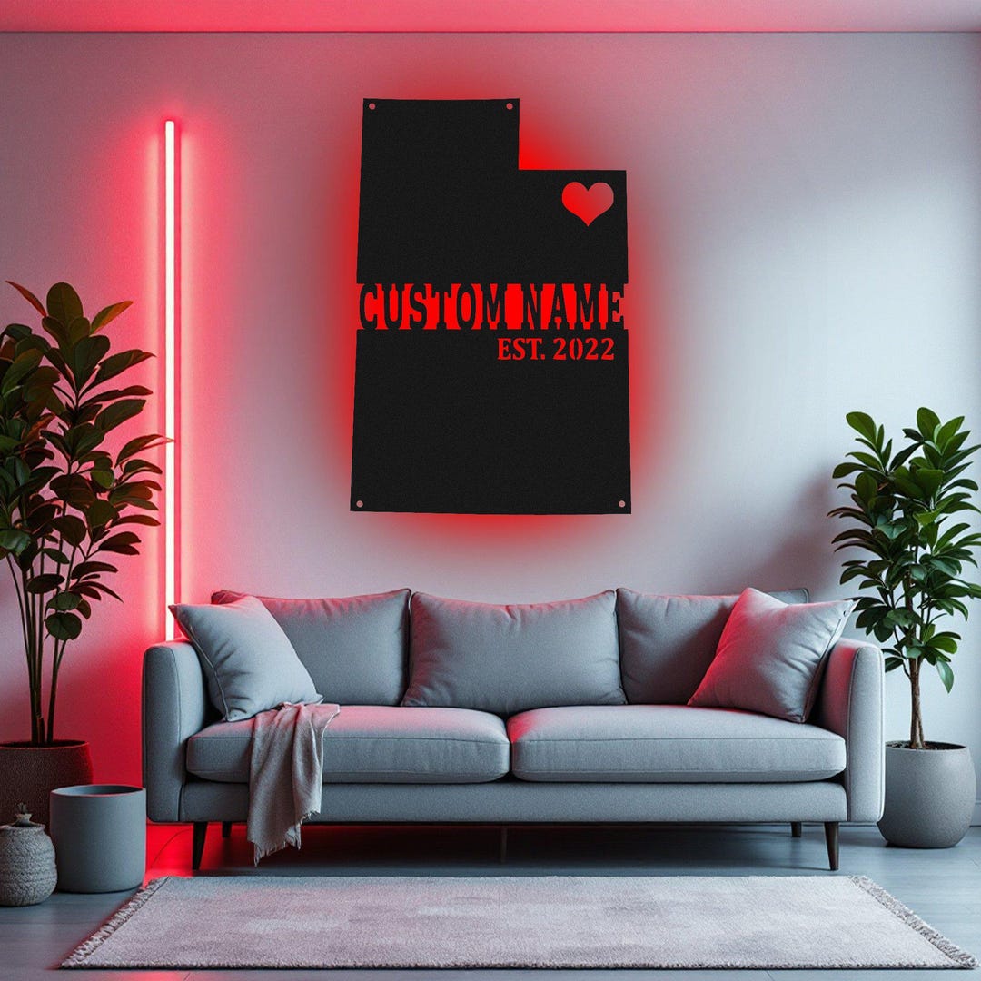 Custom Utah Map Metal Wall Art With Led Light, Personalized Utah State ...