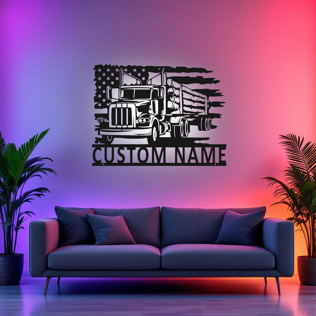 Custom US Log Truck Metal Wall Art With LED Light, Personalized Log ...
