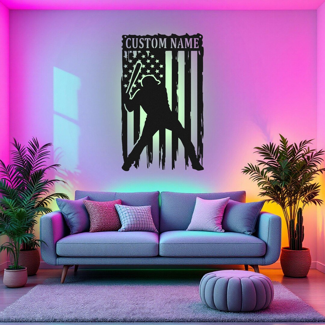 Custom US Baseball Player Metal Wall Art With LED Light, Personalized ...