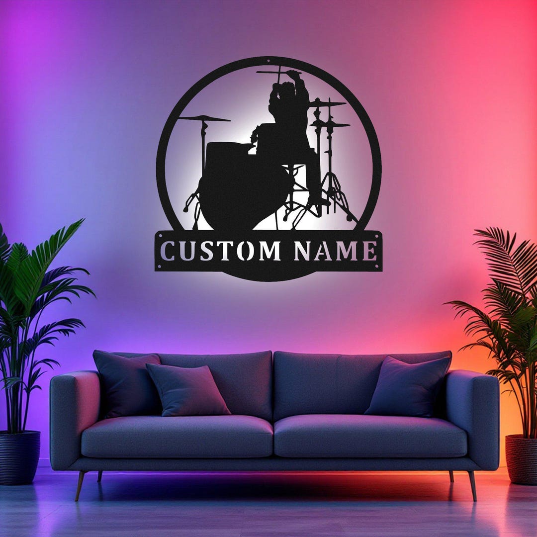 Custom Drummer Metal Wall Art With LED Light, Personalized Drummer Name ...