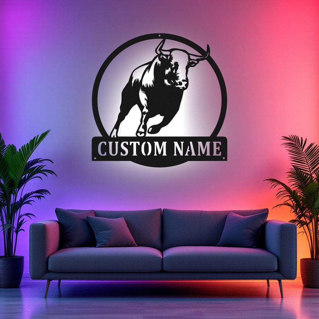 Custom Bull Metal Wall Art With LED Light, Personalized Bull Name Sign ...