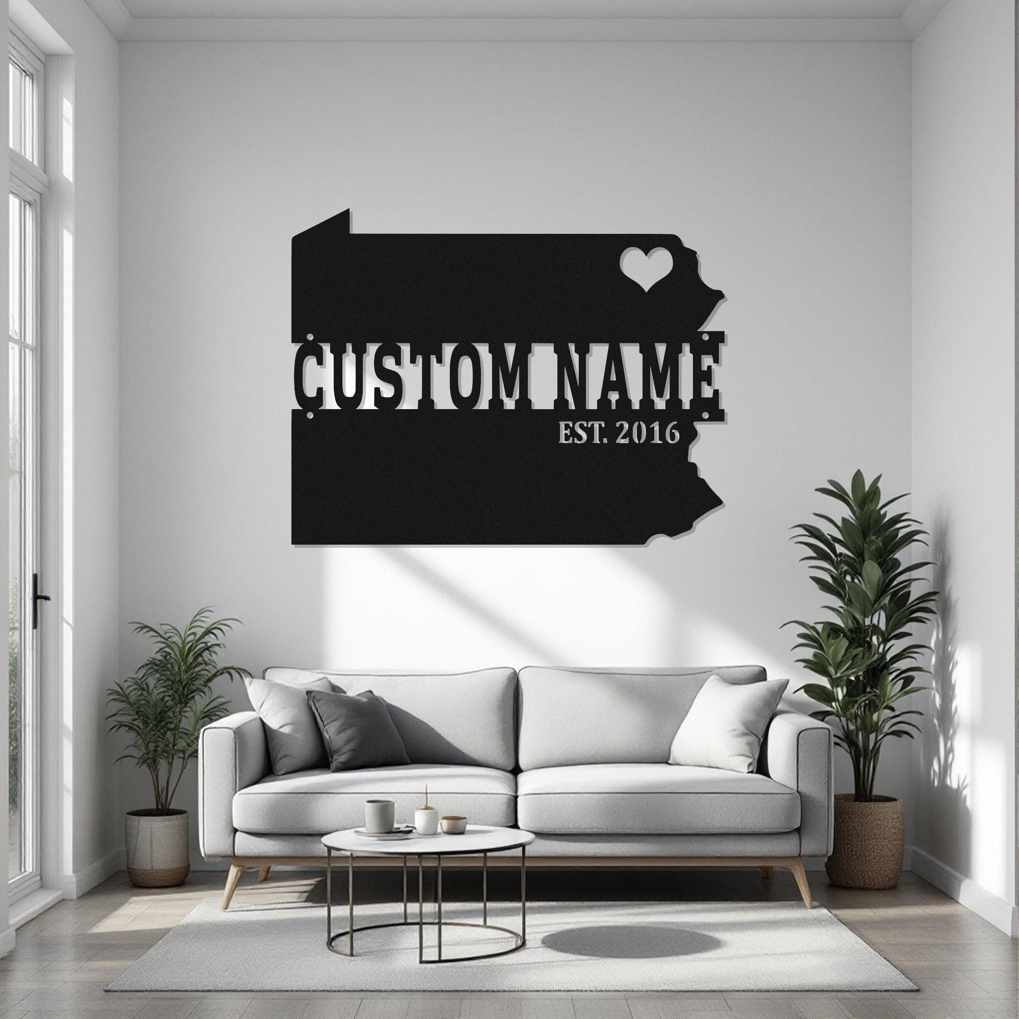 Custom Pennsylvania Map Metal Wall Art With Led Light, Personalized ...