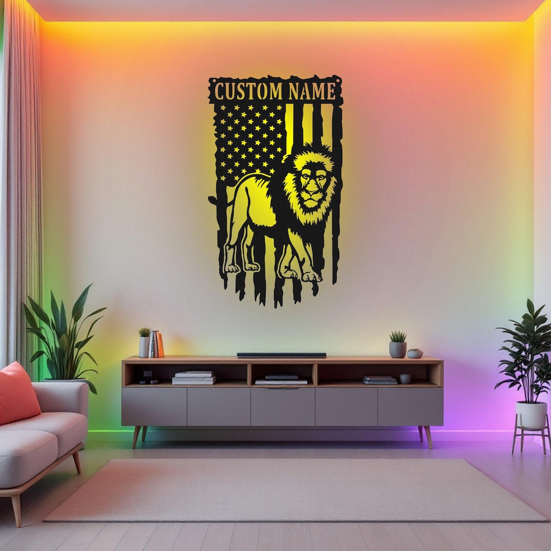 Custom US Lion Metal Wall Art With LED Light, Personalized Lion Name ...