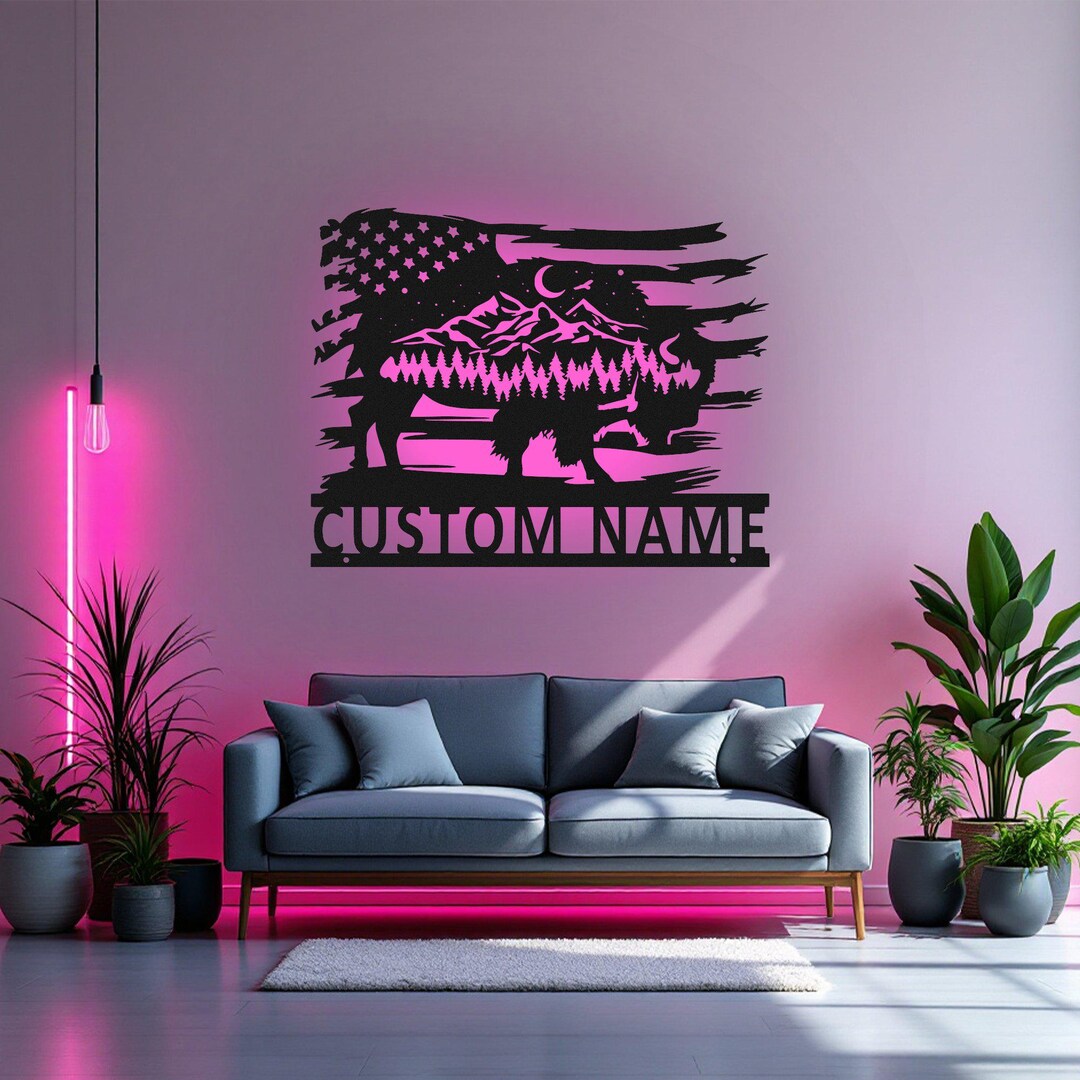 Custom US Bison Metal Wall Art With LED Light, Personalized Bison Name ...