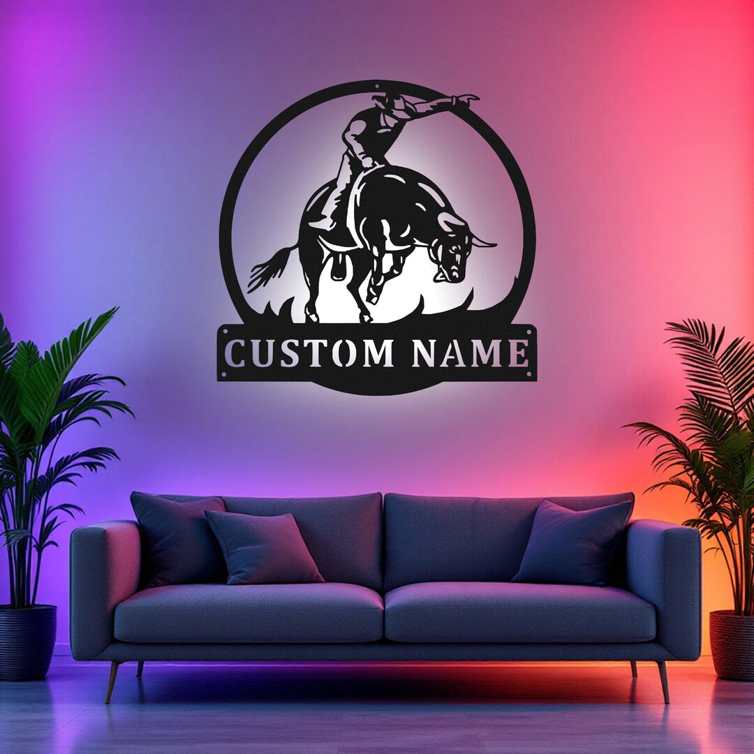 Custom Bull Riders Metal Wall Art With LED Light, Personalized Bull ...