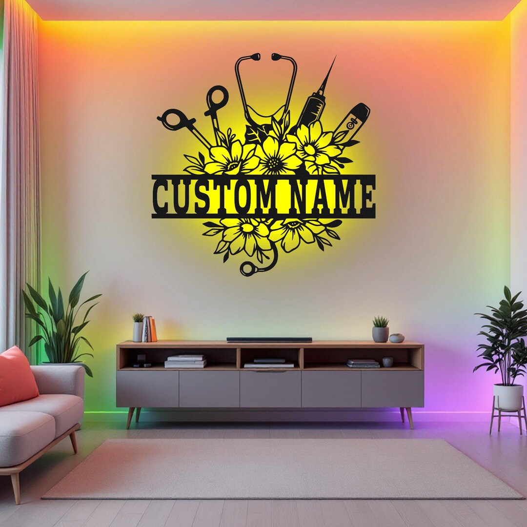 Custom Nurse Floral Frame Metal Wall Art With LED Light, Personalized ...