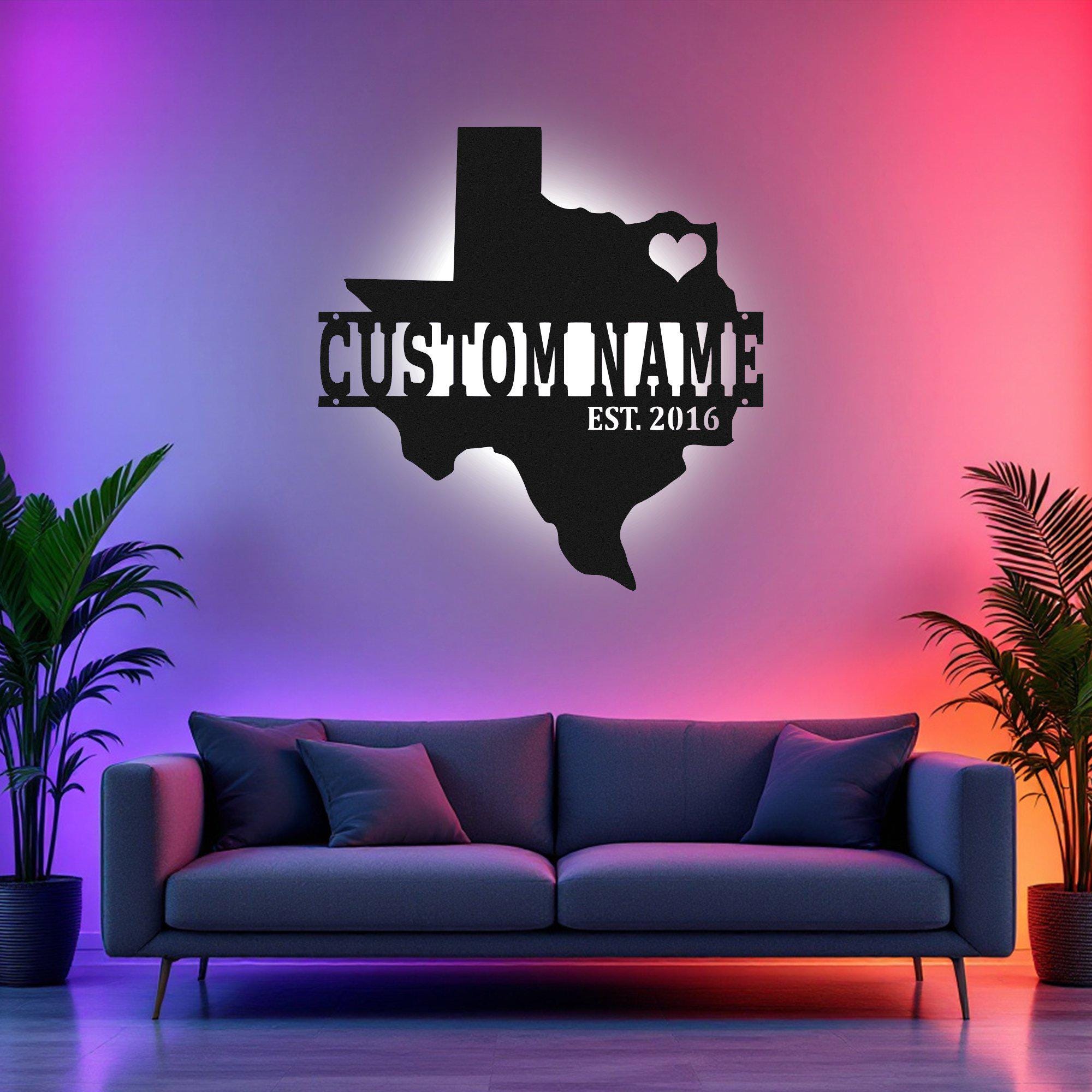 Custom Texas Map Metal Wall Art With Led Light, Personalized Texas ...