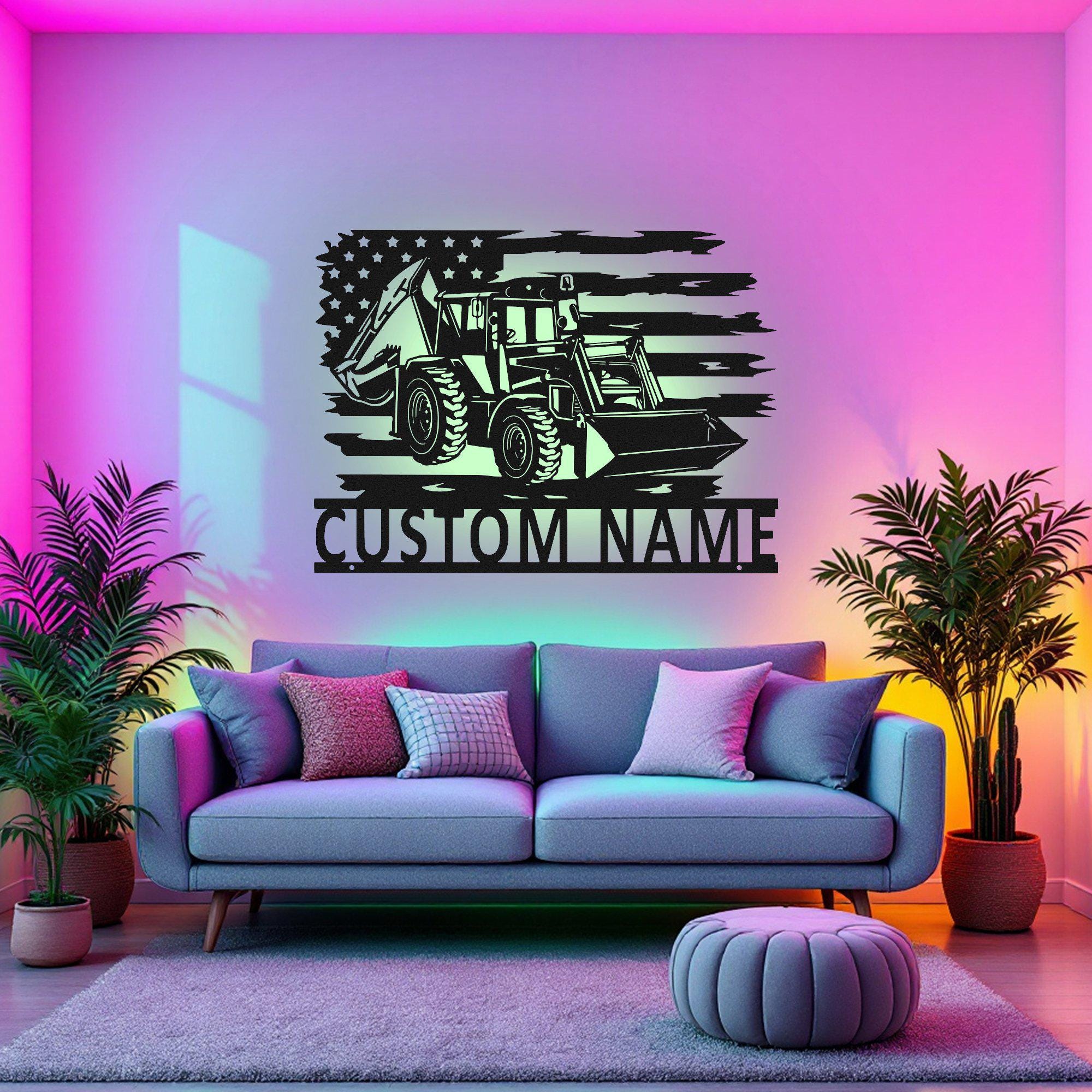 Custom US Backhoe Truck Metal Wall Art LED Light, Personalized Backhoe ...