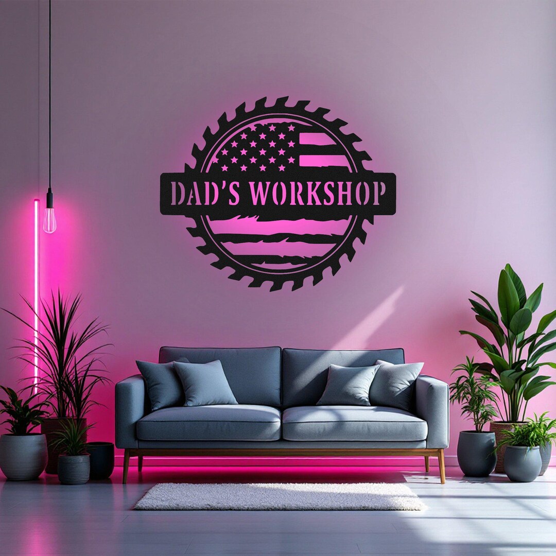 Custom US Flag Workshop Metal Wall Art With LED Light, Personalized Dad ...