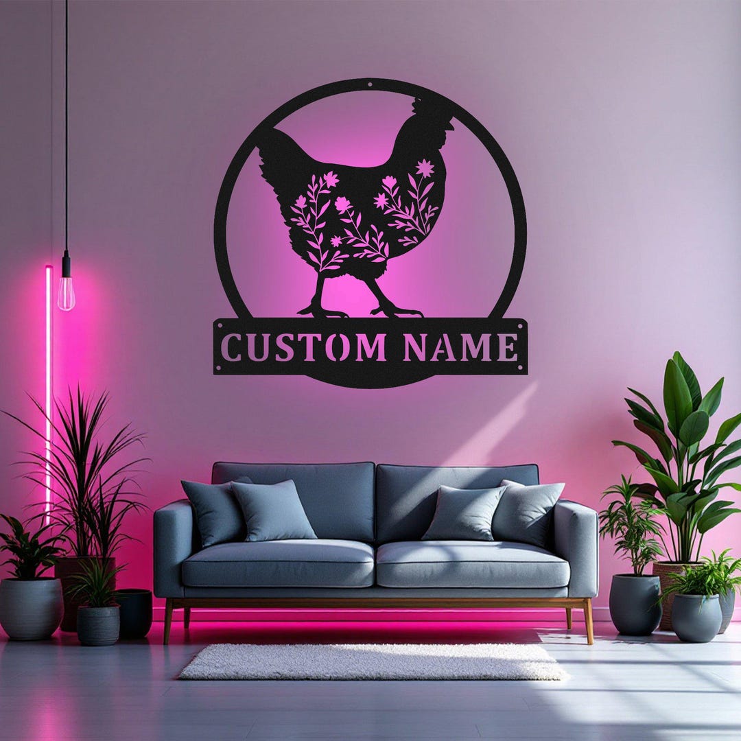 Custom Floral Chicken Metal Wall Art With LED Light, Personalized ...