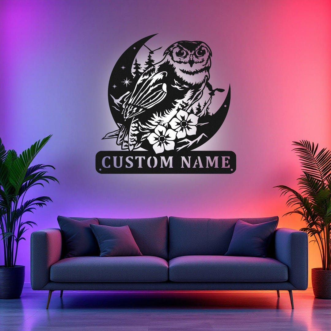 Custom Night Owl Metal Wall Art With LED Light, Personalized Owl Name ...