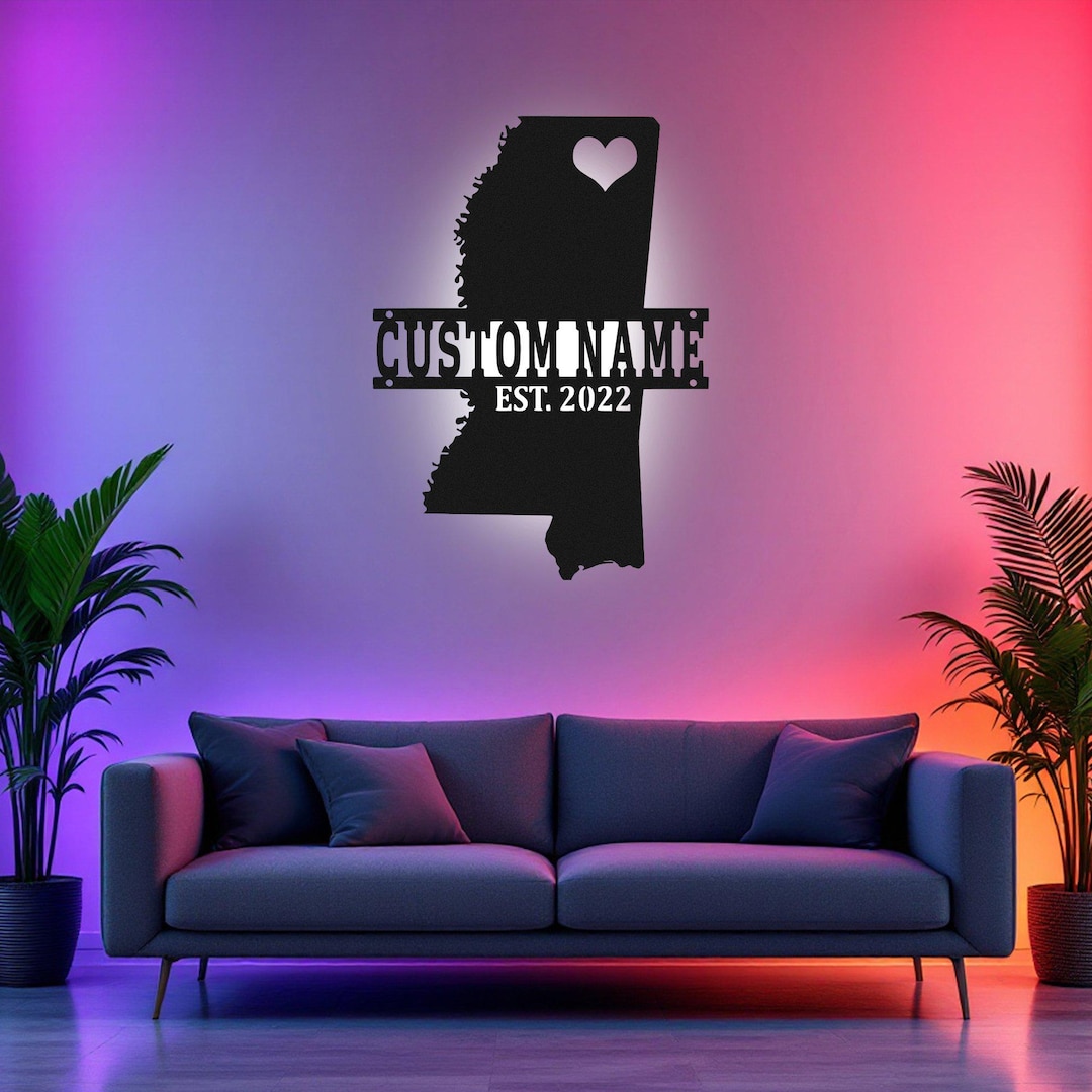 Custom Mississippi Map Metal Wall Art With Led Light, Personalized ...