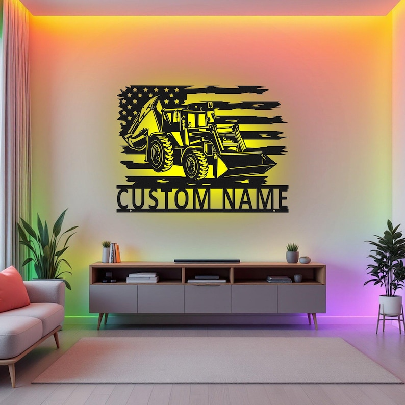 Custom US Backhoe Truck Metal Wall Art LED Light, Personalized Backhoe ...