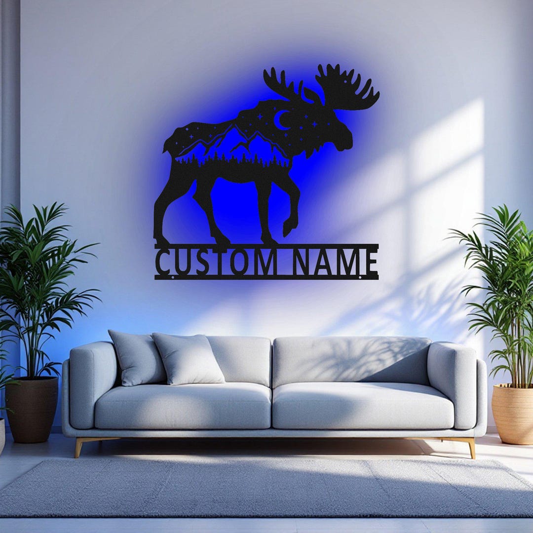 Custom Mountain Moose Metal Wall Art With LED Light , Personalized ...