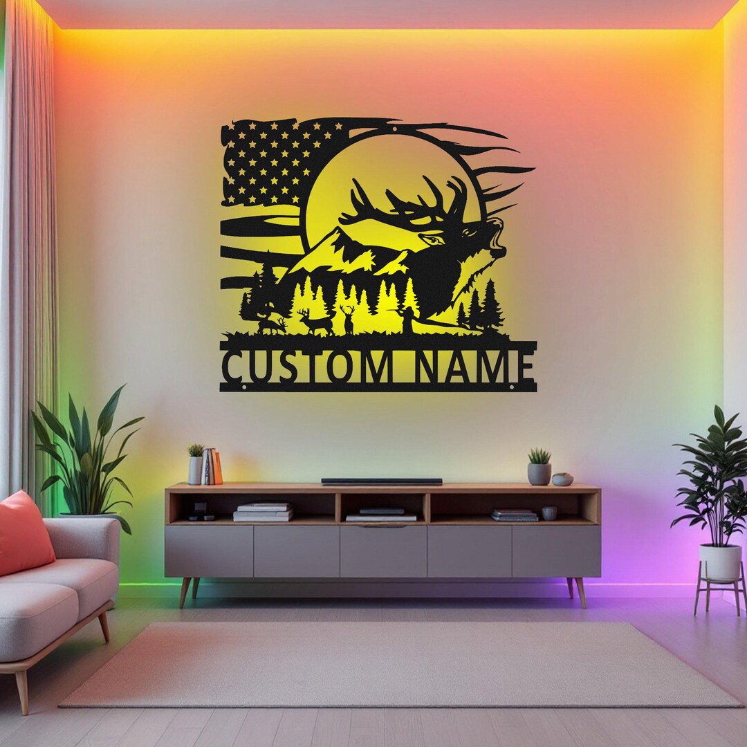 Custom US Elk Metal Wall Art With LED Light, Personalized Elk Deer Name ...