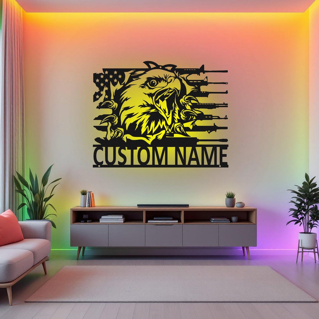 Custom US Military Eagle Metal Wall Art With LED Light, Personalized ...