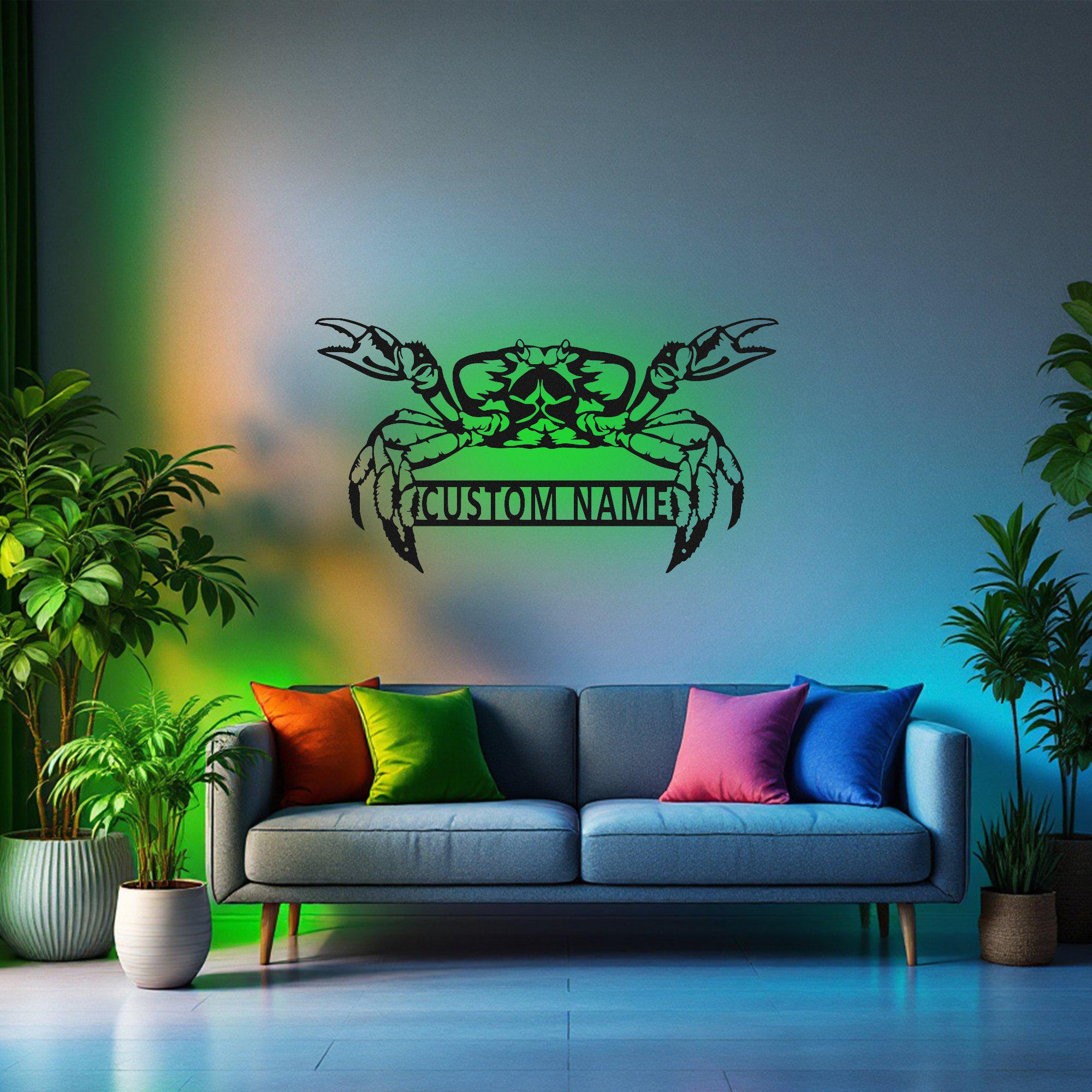 Custom Crab Metal Wall Art With LED Light, Personalized Crab Name Sign ...