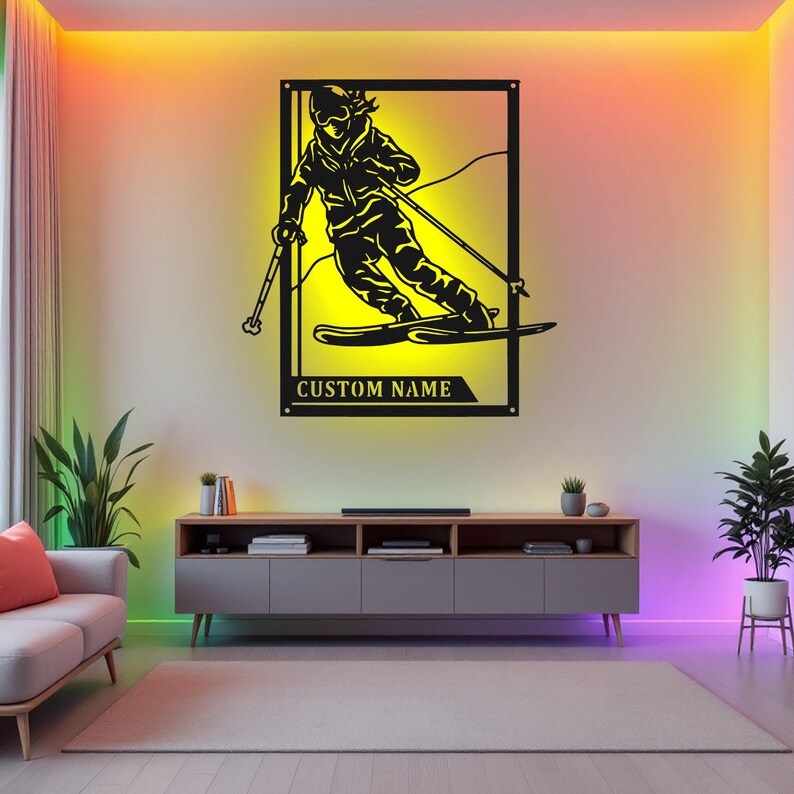 Custom Female Skiing Signage Metal Wall Art With LED Light ...