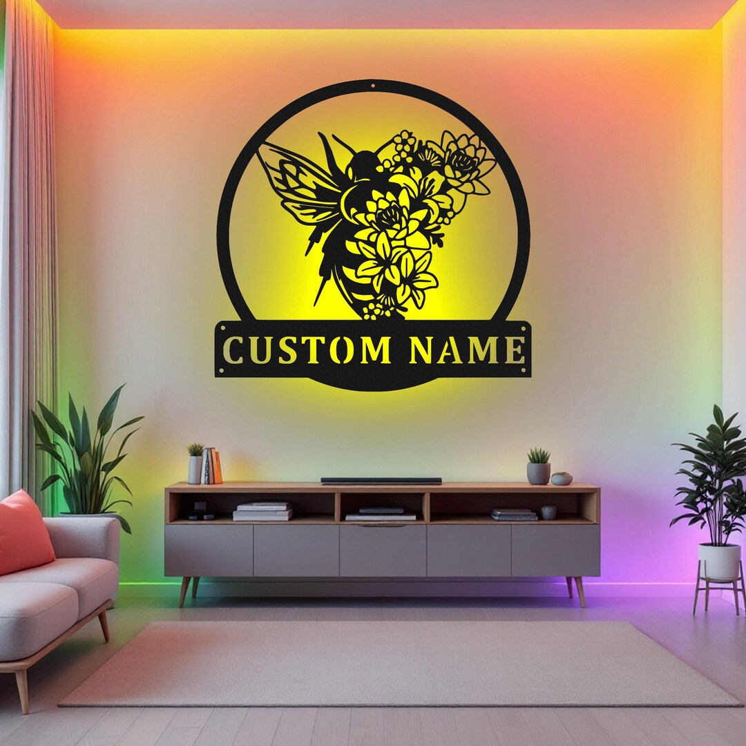 Custom Floral Bee Metal Wall Art With LED Light, Personalized Beekeeper ...