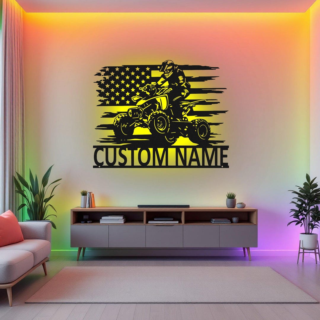 Custom US ATV Rider Metal Wall Art With LED Light, Personalized Quad ...